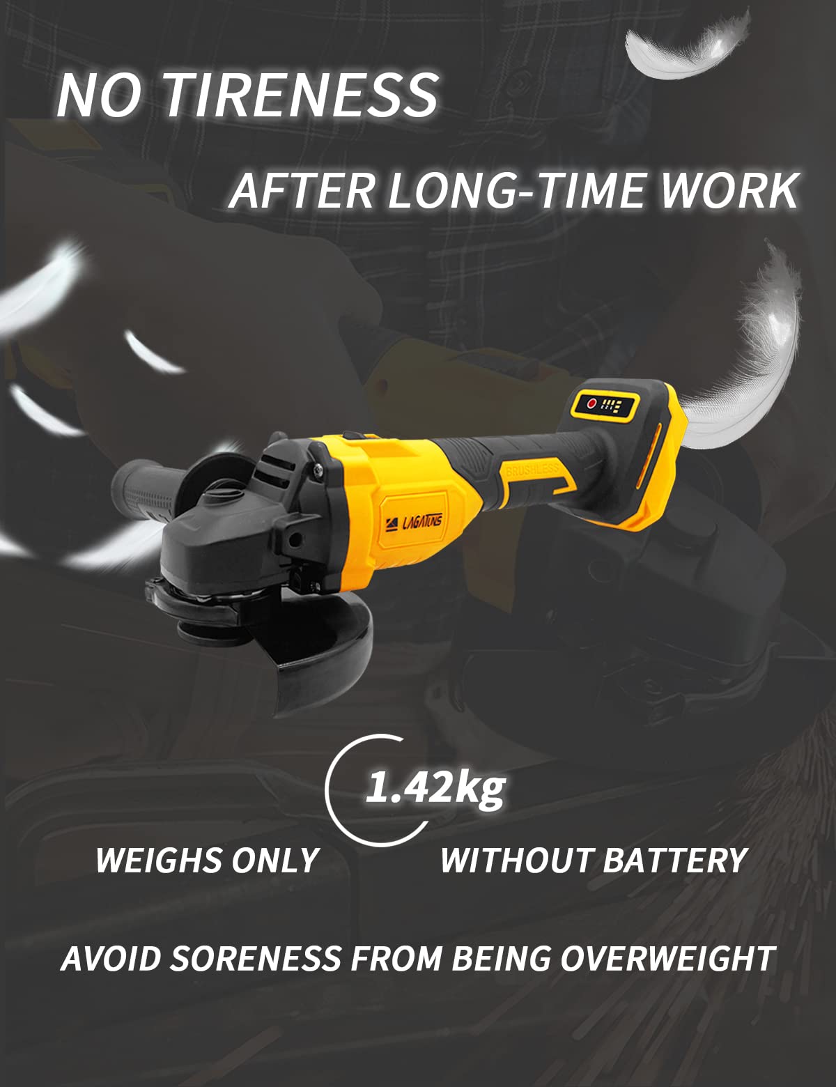 LAGATUNS Cordless Angle Grinder,Cordless Grinder w/21V 6.0Ah Li-Ion Battery & Charger,Brushless Motor, 4-1/2'' Blade, Quick-Change Wheel Guard, 2-Position Handle, Battery Grinder Tool set