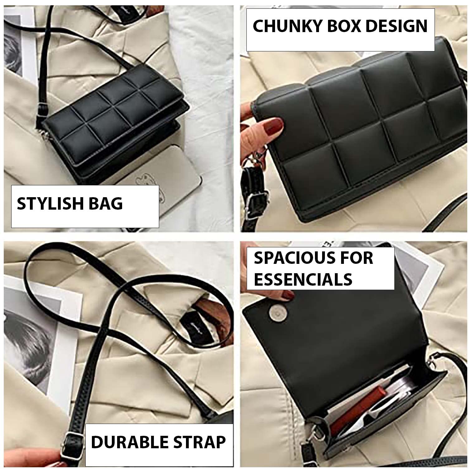 Handbag Crossbody Shoulder Square Purse for Women Chain Shoulder Leather Metal Satchel Tote Bag: One Size (WHITE)
