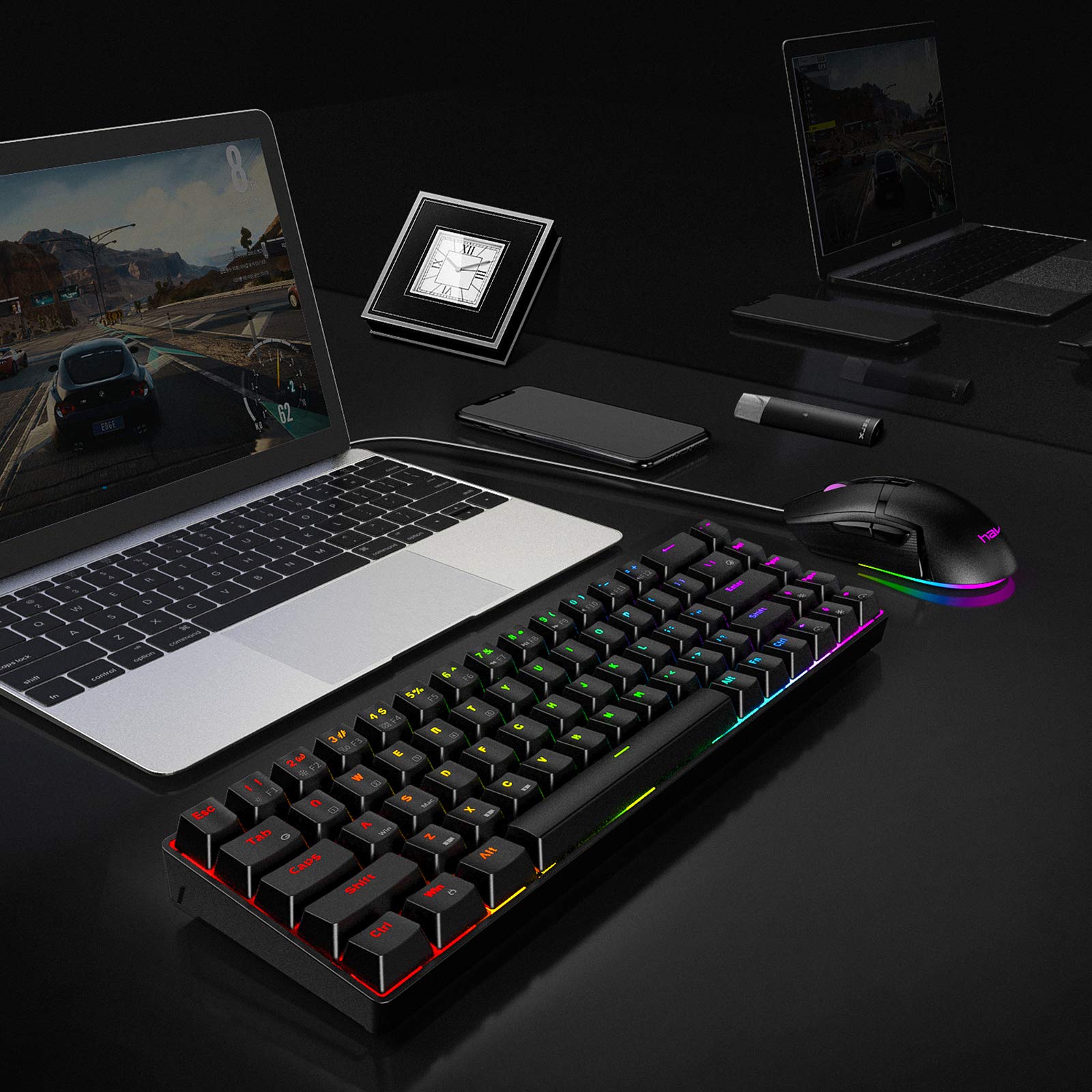 Havit 60% Wireless Mechanical Keyboard and Wired Mouse, Bluetooth 5.1 & Type C Wired 68 Keys Gaming Keyboard Brown Switch,Programmable Gaming Mouse for Multi-Device PC Laptop Gamer (Black)