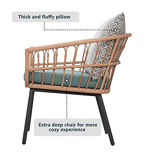Super Patio 3 Piece Patio Set, Outdoor Furniture Wicker Bistro Set Rattan Chair Conversation Sets with Coffee Table and Cushions, Turquoise/Gray