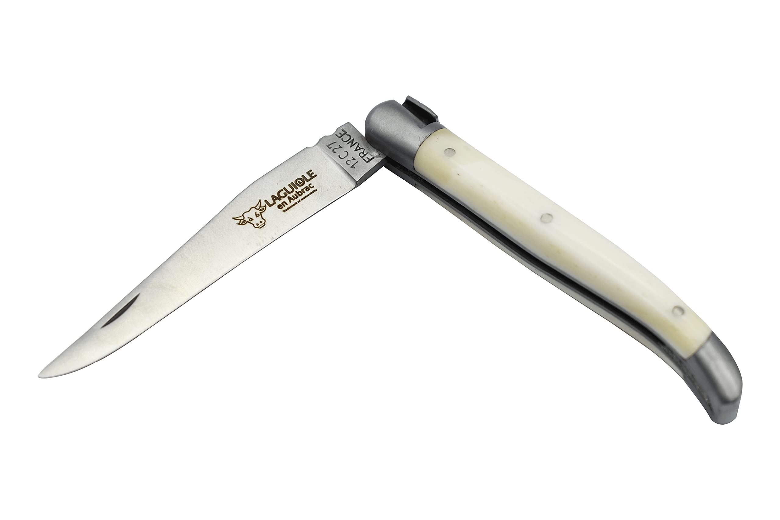 Laguiole en Aubrac Handmade Luxury Folding Pocket Knife, 3.5-in (9cm). Zebu Bone Handle, Hand Forged Bee, Stainless Steel Matte Bolsters