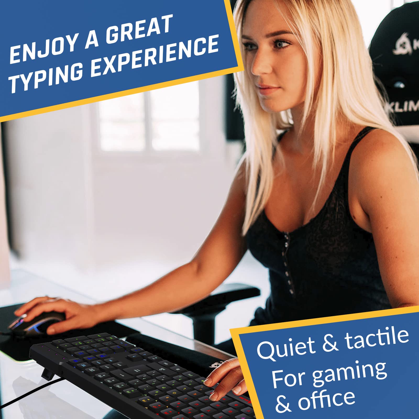 KLIM Chroma Gaming Keyboard Wired USB Durable Ergonomic Waterproof Silent and Protect Blue Light Blocking Glasses Reduce Eye Strain and Fatigue Bundle