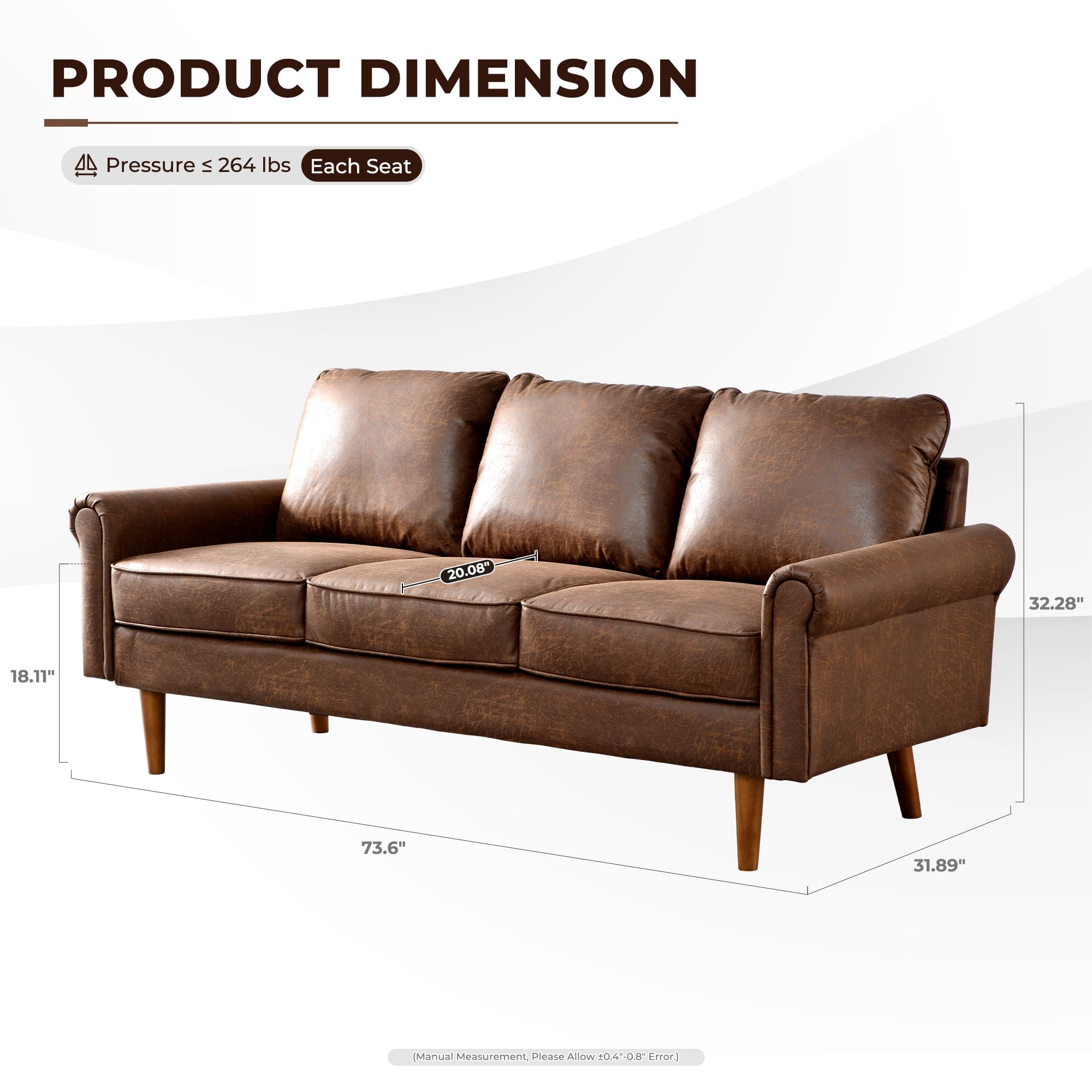 ovios 73.6" Mid-Century Modern Sofa Couch, 3-Seats Leather Couches with Comfy Cushions, Deep Seat Sofas for Living Room Bedroom Apartment and Small Spaces, Dark Brown