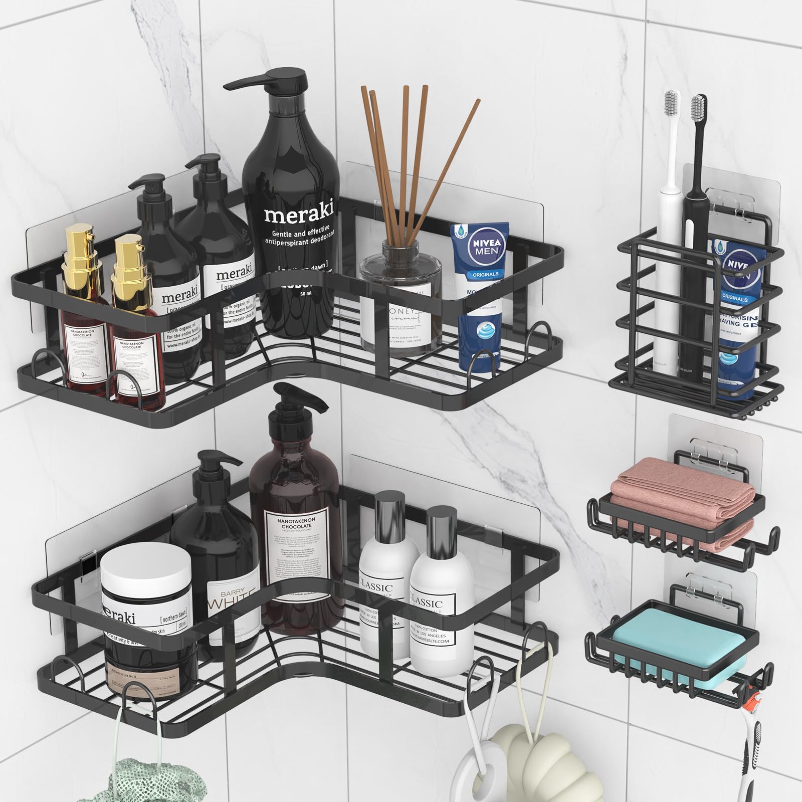 Prlsca 5 Pack Corner Shower Caddy,Large Capacity Adhesive Shower Organizer with Soap Holder & Toothpaste,No Drilling Stainless Steel Shower Shelves with Hooks for Bathroom, Dorm and Kitchen(Black)