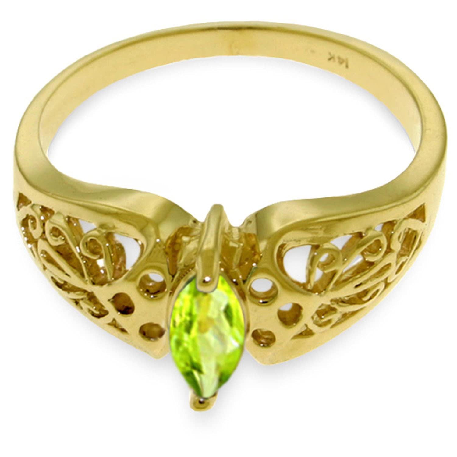 Galaxy Gold GG 14k Yellow Gold Filigree Ring with natural Marquis-Shaped Peridot - Size 6.5
