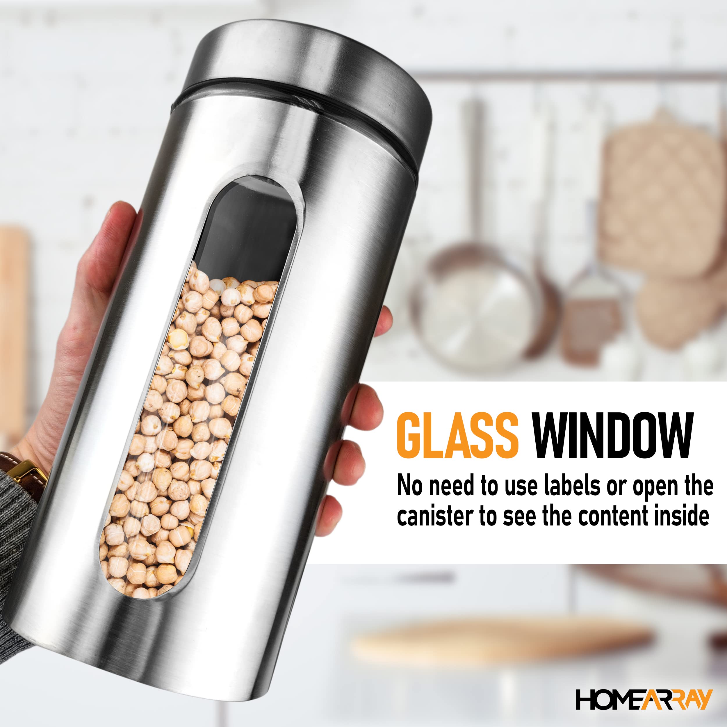 HOMEARRAY Stainless Steel Kitchen Canisters for Countertop β Set of 4 Stainless Steel Containers with Lids β Kitchen Containers Storage Set with Glass Window for Pasta, Cereal, Flour