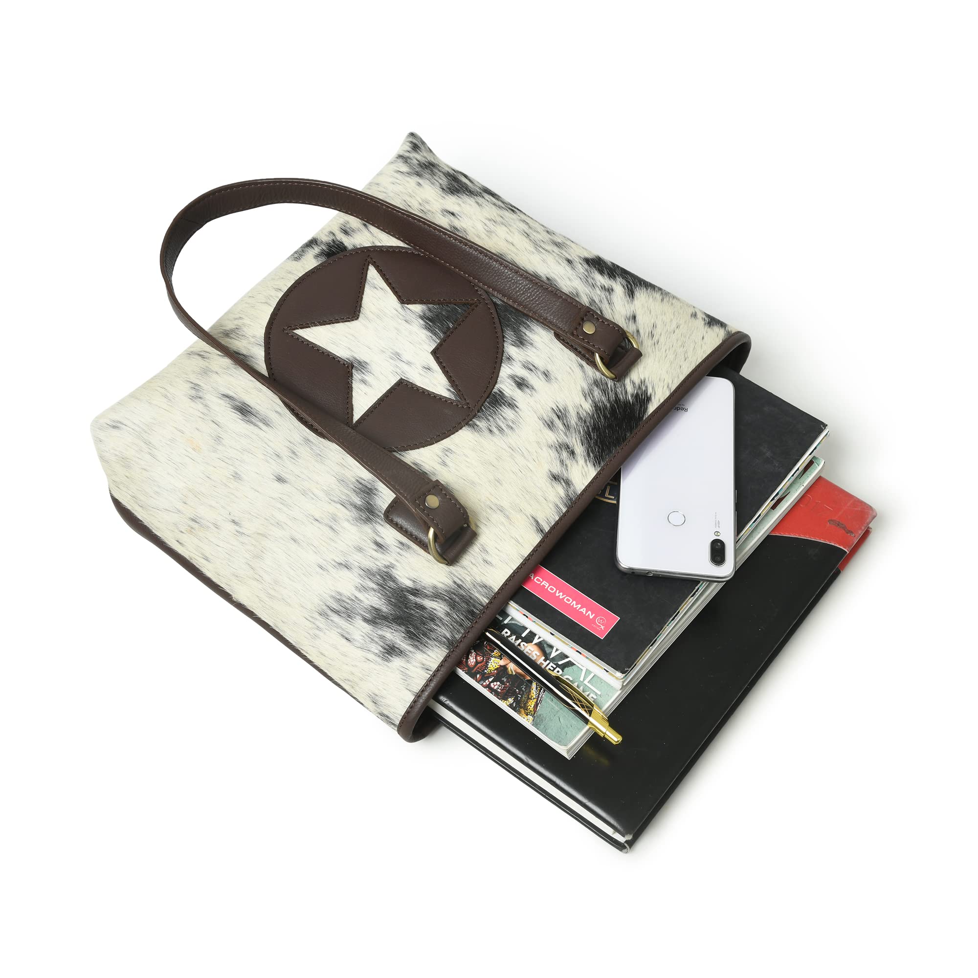 MOUSM Real Cow Hide Color Tones & Patterns of cowhides can vary Hair on Leather Printed Shoulder Bag, Top Handle Handbag for Women
