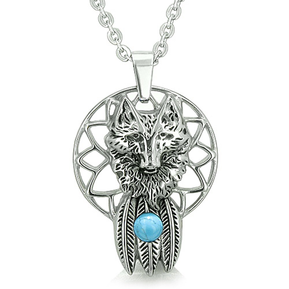 Dreamcatcher Wolf Feathers Moon Powers Simulated Turquoise Crystal Pendant 18 Inch Necklace