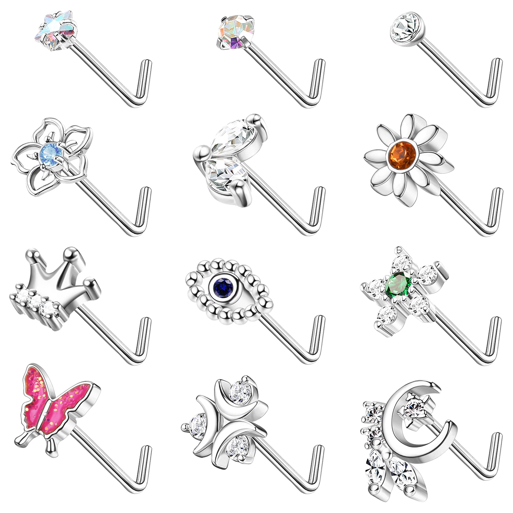 JOERICA 12 Pcs 20G Nose Ring Stud 316L Stainless Steel L Bone Shaped Nose Studs Butterfly Evil Eye Flower CZ Nose Stud for Women Men Nose Piercing Jewelry