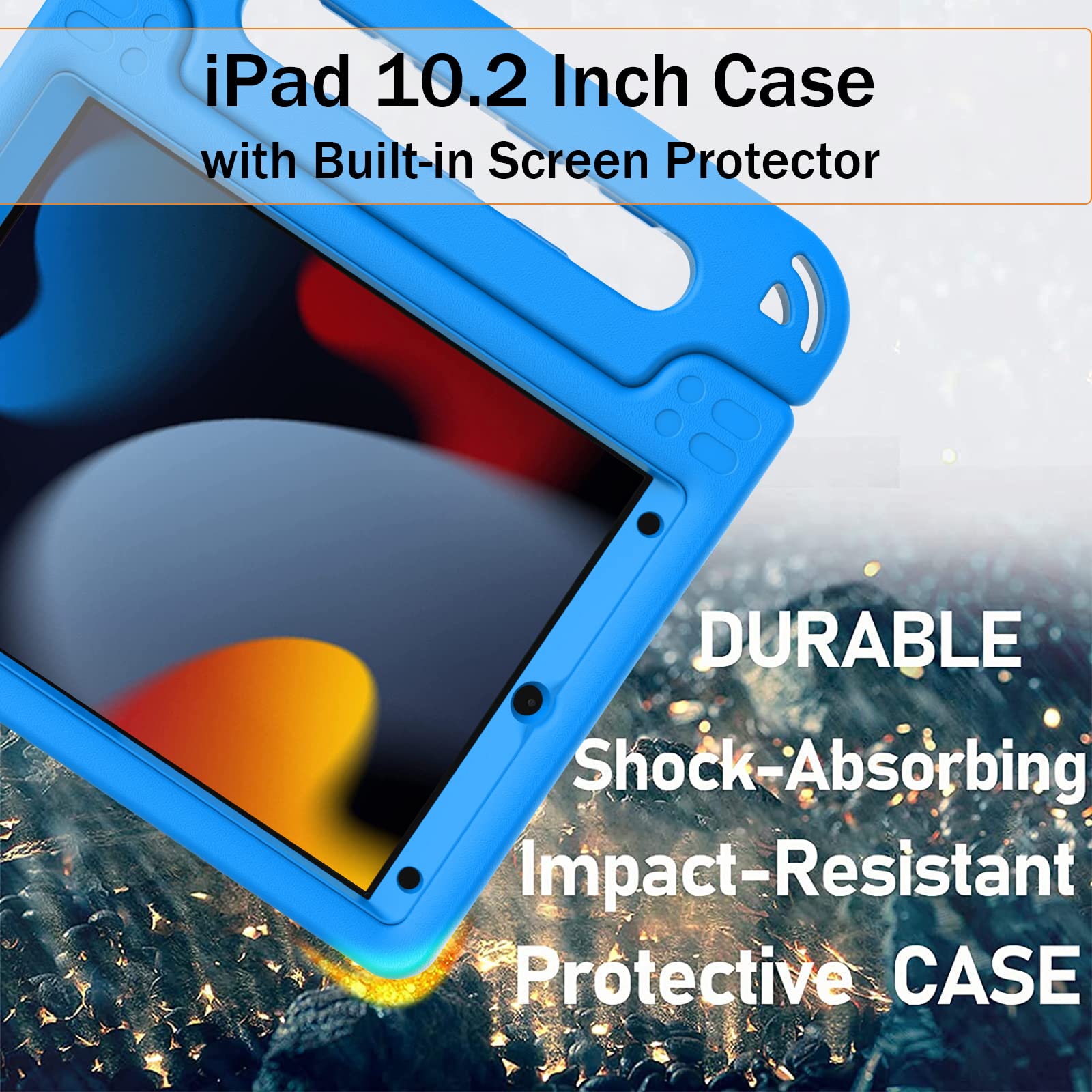 LTROP Case for 9th/8th/7th Generation 2021/2020/2019 with Built-in Screen Protector, Shockproof Convertible Handle Stand Case for iPad 9/8/7 Gen, Blue