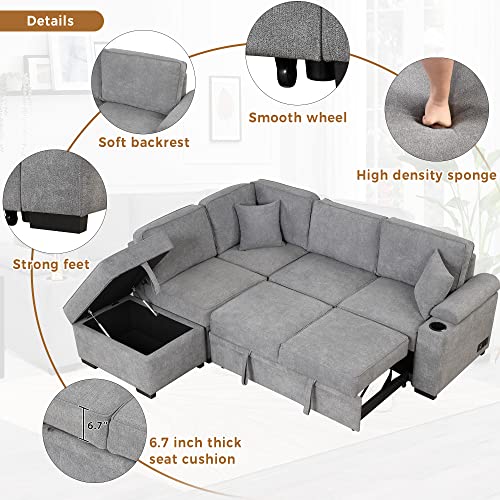 Polibi 5-Seat Sleeper Sofa Bed with Storage Ottoman, USB Charging Ports, Cup Holder on Armrest and 2 Pillows, L-Shape Convertible Pull-Out Sofa Upholstered Couch for Living Room, Grey