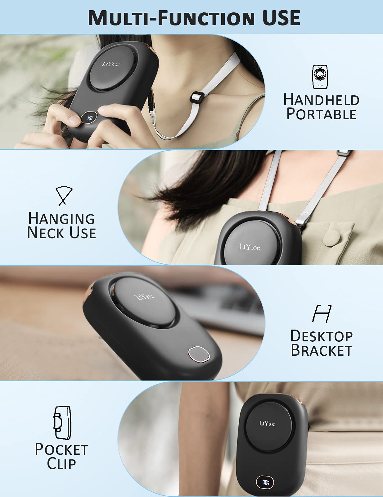 LtYioe Mini Fan Mini Handheld Fan Portable Fans USB Rechargeable, Personal Desk Fan Multifunctional with Strong Airflow, LED Smart Display and 3 Speed Adjustable for Outdoor Beach Home(Dark Black)