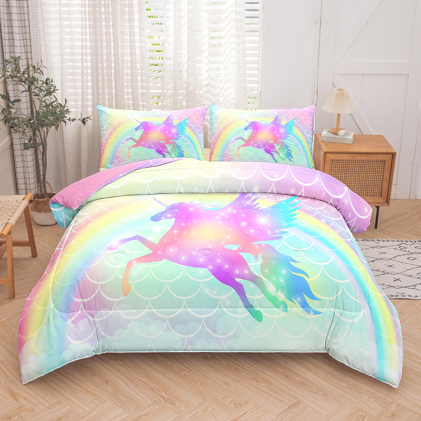 Tailor Shop Unicorn Comforter Sets Twin Size,Rainbow Unicorn Bedding Sets for Girls Kids Teens with 1 Pillowcase…