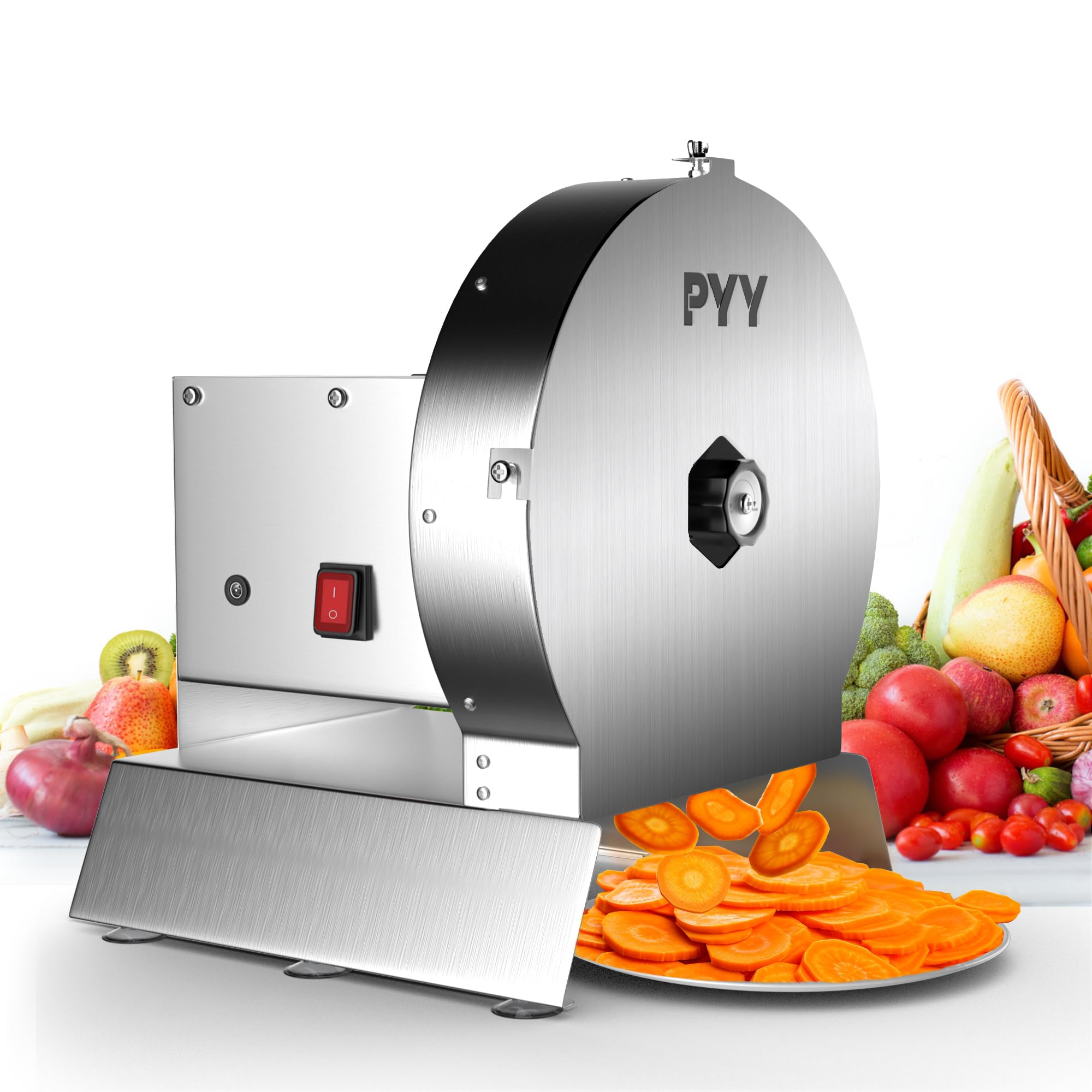 PYY Commercial Electric Vegetable Fruit Slicer - 120W Cabbage Onion Potato Cutter with 10 inch Blade for Home Automatic/Manual 0-0.5 Inch Adjustable Thickness Shredder, Stainless Steel Cutting Machine