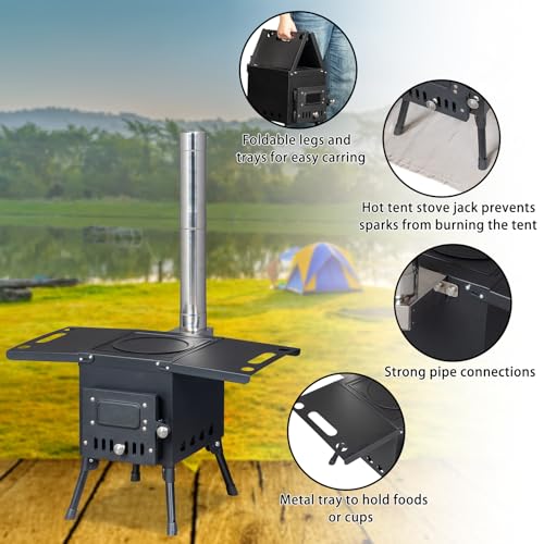 Kcelarec Camping Tent Stove with Chimney Damper | Folding Camping Wood Burning Stove Grill for Outdoor Cooking | Stainless Steel Grill
