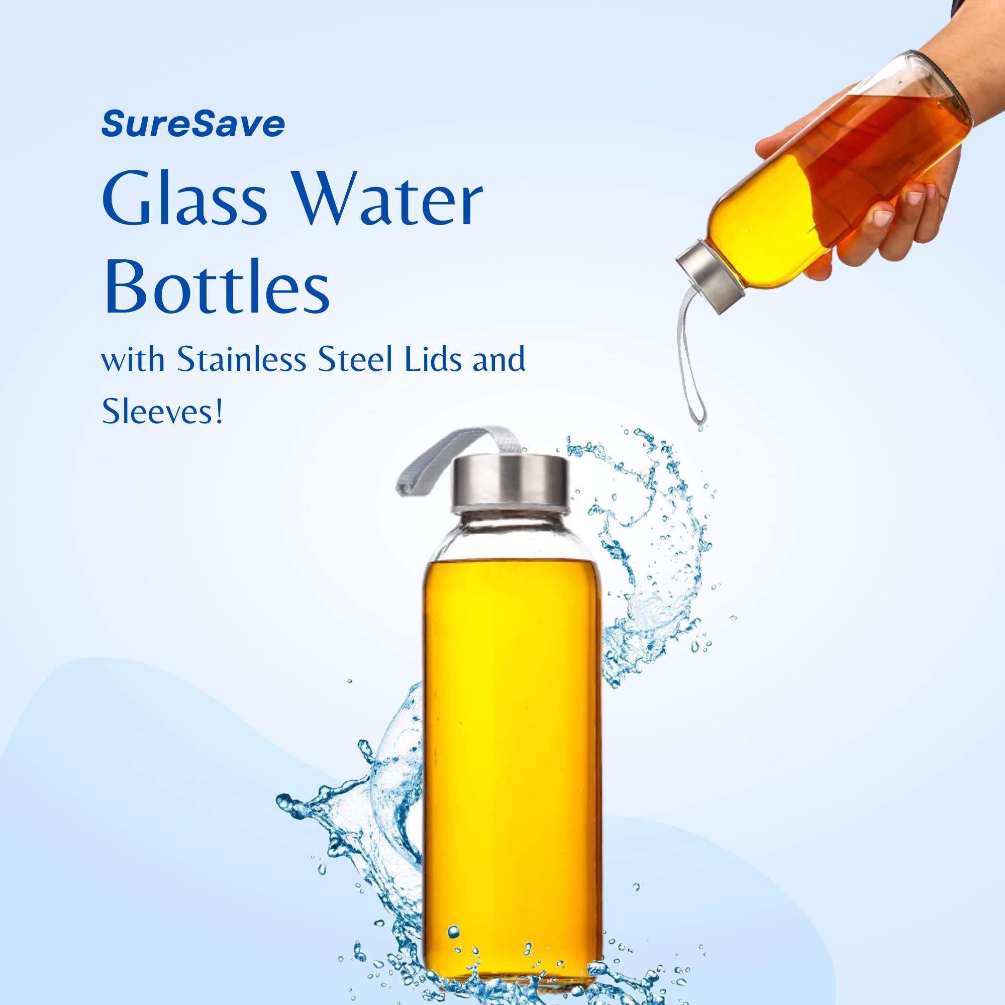 SureSave Glass Water Bottles with Stainless Steel Lids and Sleeves | 16 Oz Reusable Glass Bottles with Carrying Loop for Eco-Friendly Travel Drinks and Beverages (12 Pack)