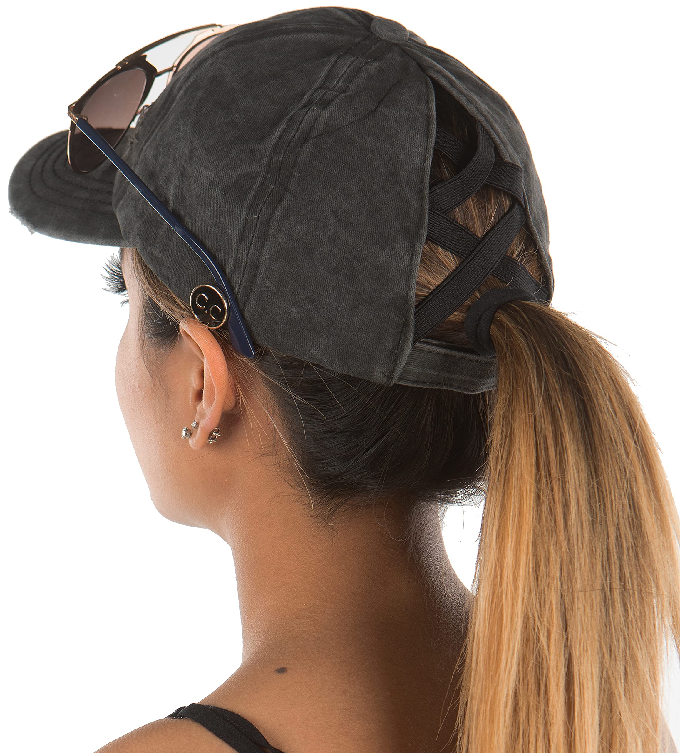 Funky Junque Criss Cross Ponytail Hat w/Buttons - Black