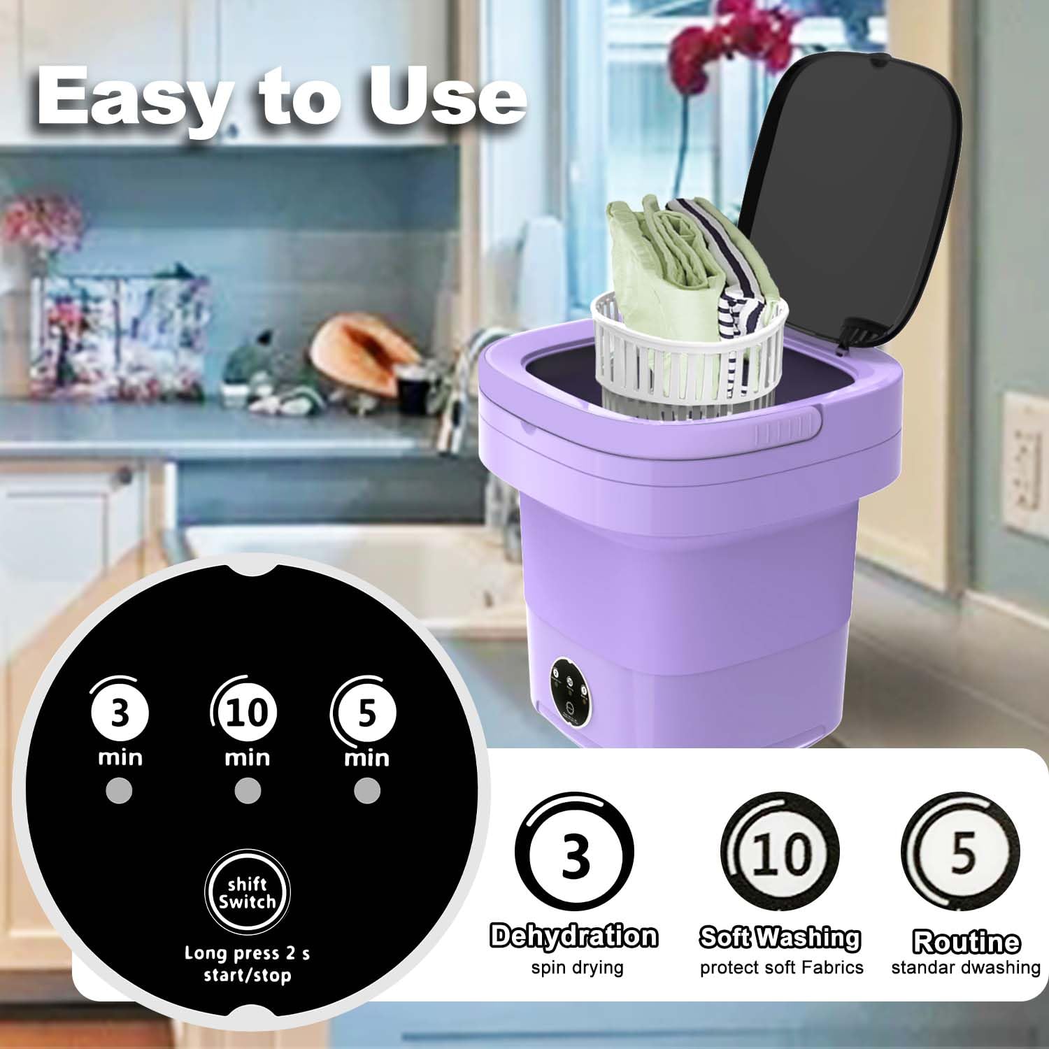 Portable Washing Machine,12L Mini Washer with Foldable Design, Small Folding Washing Machine with 3 Intelligent Cleaning Modes for Travel,Apartment,Baby Clothes,Socks(Purple)