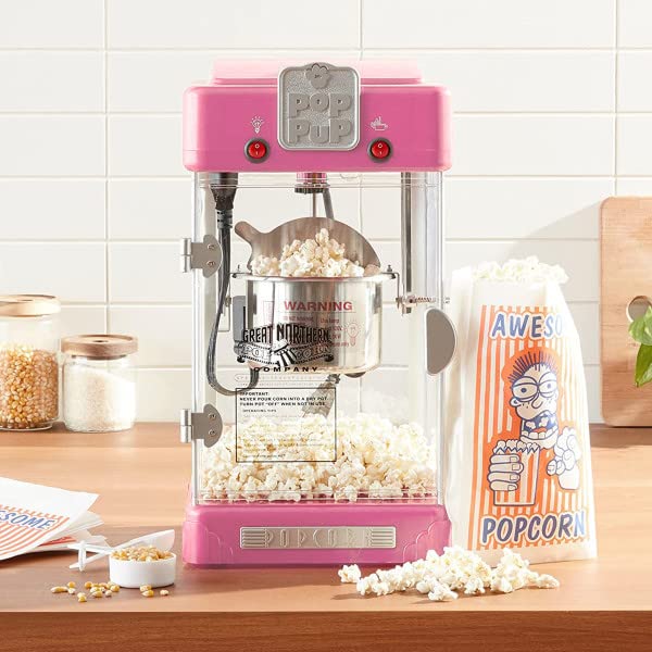Pop Pup Countertop Popcorn Machine – 2.5oz Kettle with Measuring Spoon, Scoop, and 25 Serving Bags by Great Northern Popcorn (Pink)
