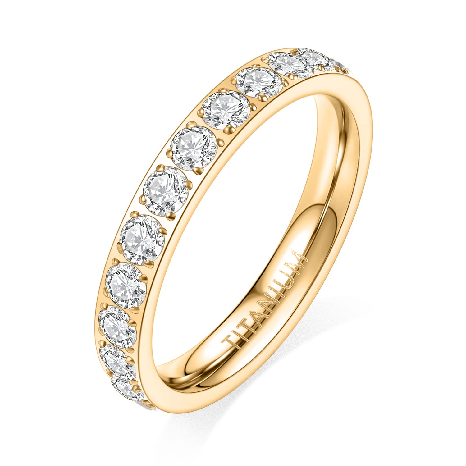 FUNLMO 3mm Women Titanium Eternity Ring Cubic Zirconia Engagement Anniversary Ring Wedding Band Size 5 to 10(Gold, 9)