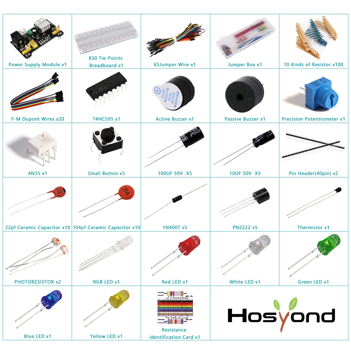 Hosyond Electronics Components Kit with Breadboard, Jumper Wires, Power Supply Module, Resistors, Precision Potentiometer, Compatible with Arduino Raspberry Pi