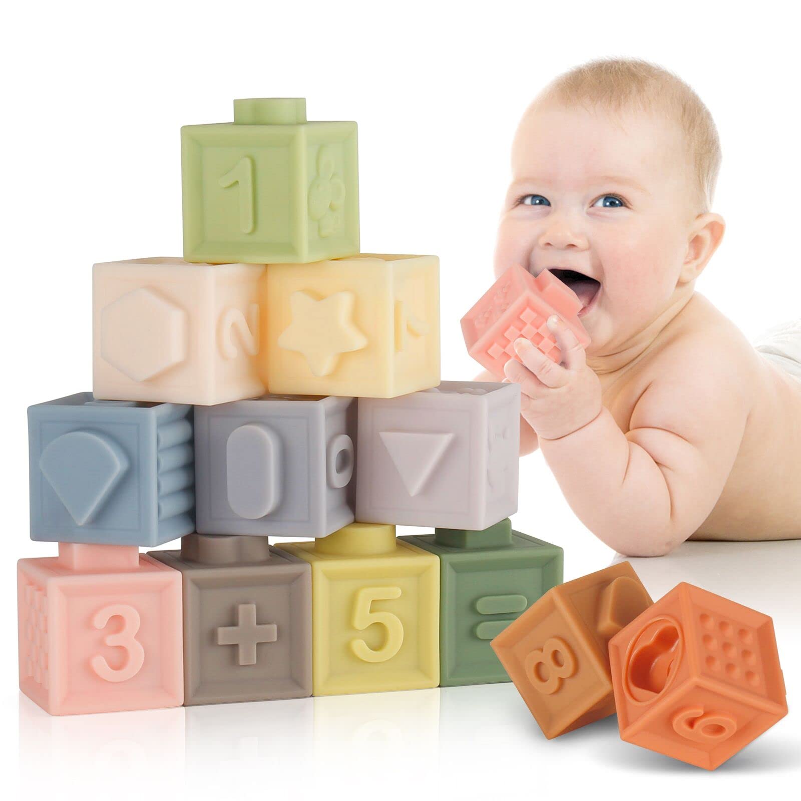 LENDOD Baby Soft Stacking Blocks Toys 12 PCS Educational Squeeze Infant Toys Play with Numbers Animals Shapes Textures for Toddlers Babies 6 9 12 Month 1 2 3 Year Old