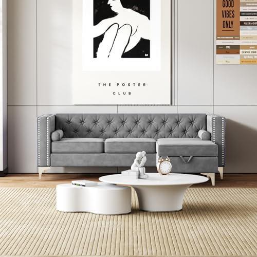 PUREMIND Convertible L-Shaped Sectional Sofa, Velvet 3-Seater Sectional Couch with Movable Storage Ottoman, Button Tufted Reversible L Couches for Living Room Apartment - Grey