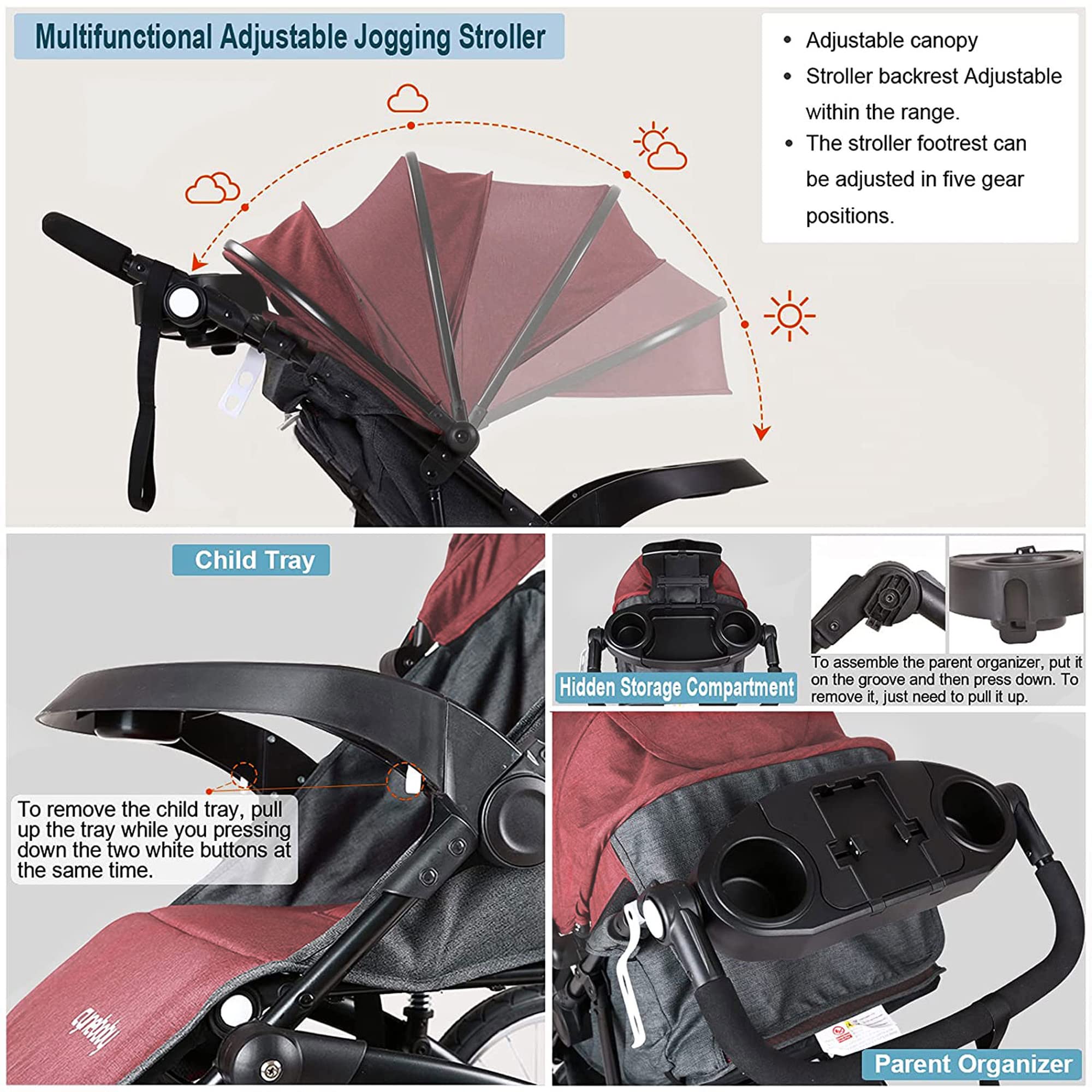 Jogging Stroller for Baby - Lightweight Jogger Strollers, 3 Wheels Compact Light Weight Stroller for Babies and Toddlers Infant Red