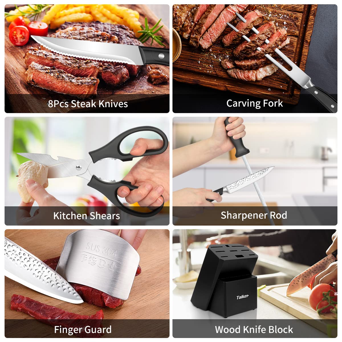 Knife Set for Kitchen with Block, 35Pcs High Carbon Stainless Steel Chef Knife Set Kitchen Knife Set and Silicone Kitchen Utensils Set, Knife Sharpener Rod Scissors Knives Set Ultra Sharp Easy-Grip