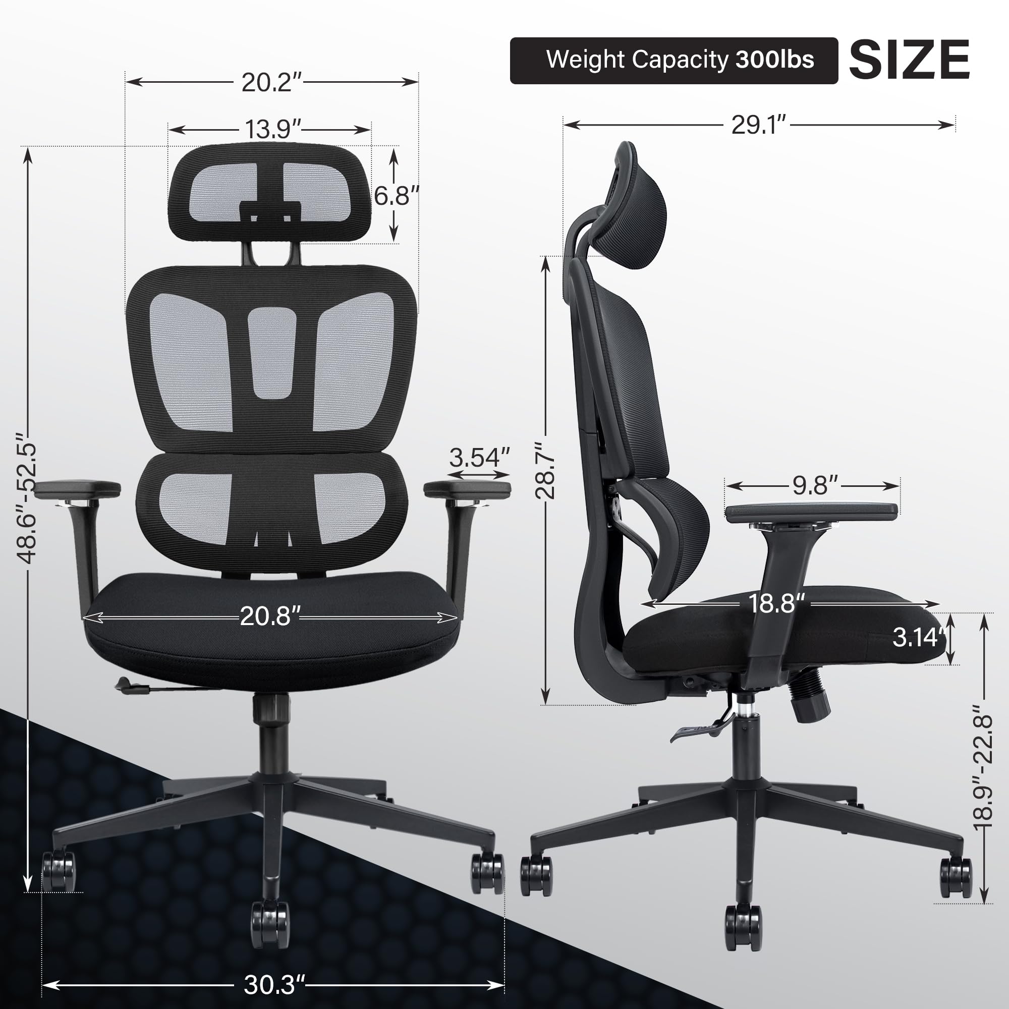 Ergonomic Mesh Office Chair - High Back Multifunction Computer Desk Chair with Adjustable Headrest, 4D Arms, Lumbar Support, Tilt Function and Heavy Duty Base - Ergonomic Design for Back Pain, Black
