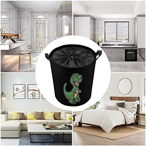 Happy Dinosaur Cartoon Laundry Basket Round Collapsible Storage Bin with Drawstring and Handle for Bedroom Bathroom Toys Room 17.3" X 13.8"