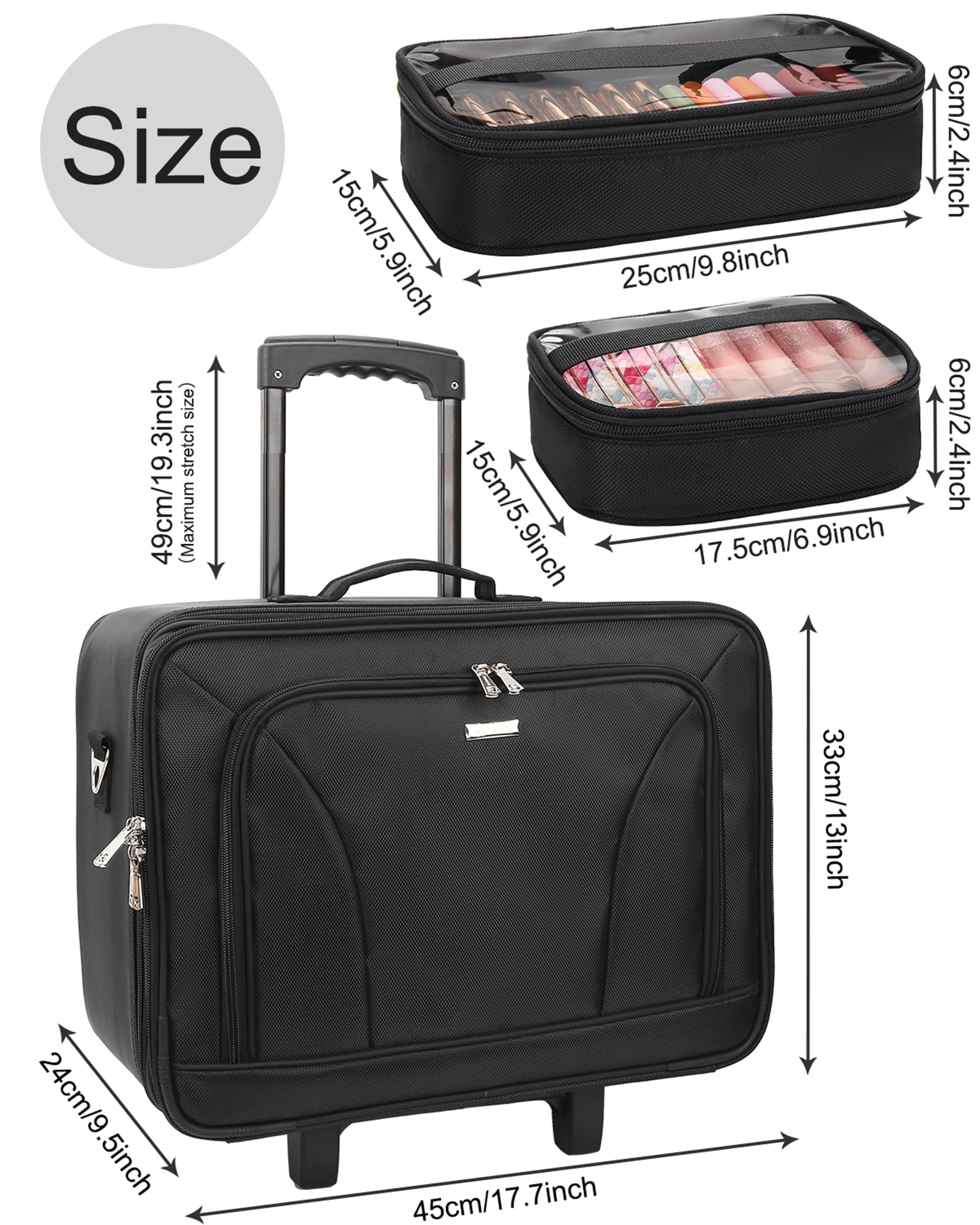MONSTINA Rolling Makeup Train Case,Trolley Cosmetic Case,3-Layer Cosmetic Organizer,Extra Large Makeup Travel Bag for Hairstylist, Trolley Travel Hairdressing Case with Adjustable Divider(Black)