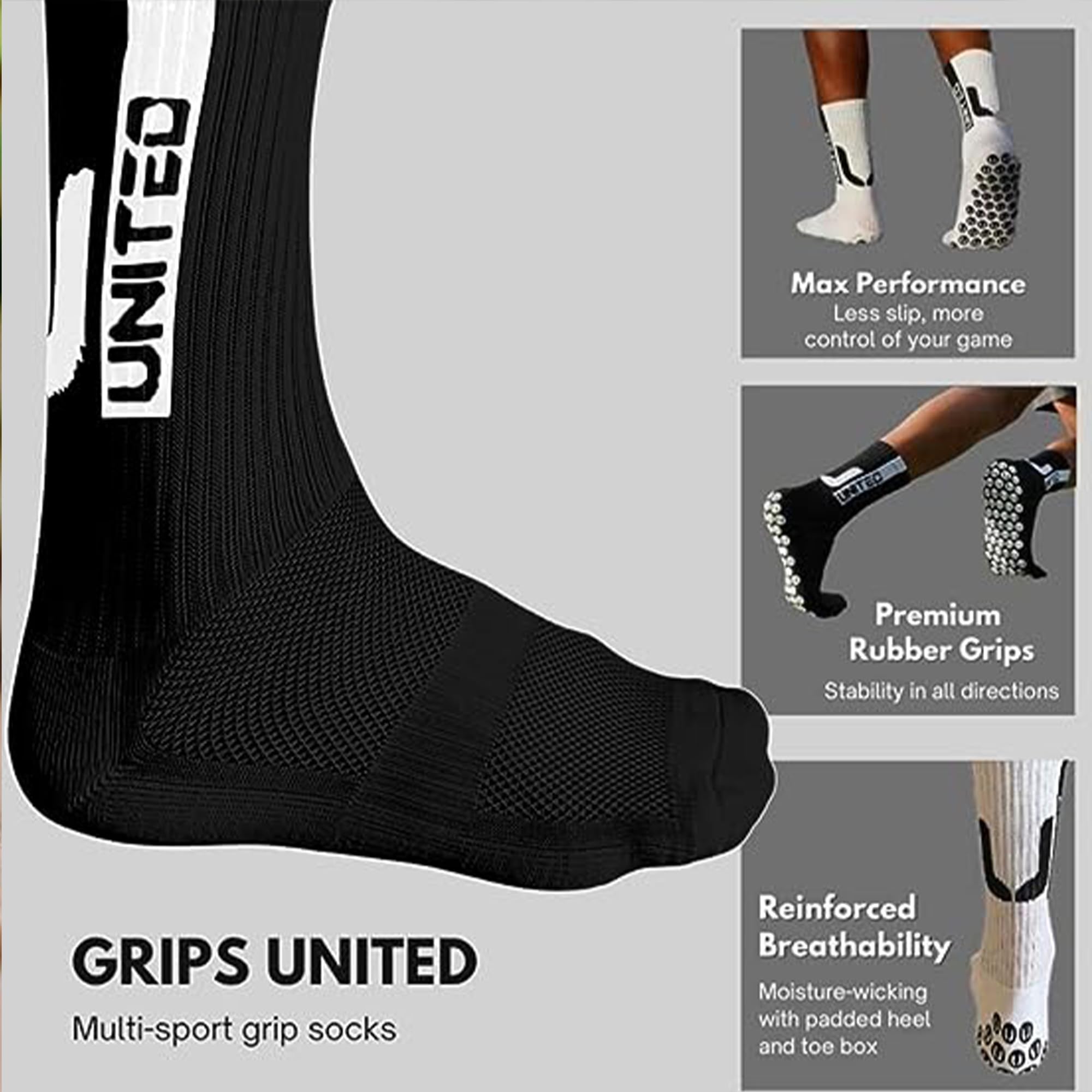 Grips United Grip Socks Men’s Non-Slip Soccer Socks – Best For Athletes (Black – Small)