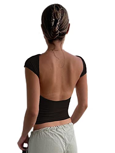 Women's Backless T-Shirts Y2K Crop Top Solid Casual Short Sleeve Sexy Vintage Cut Out 2023 Summer Fashion (Black, Small)