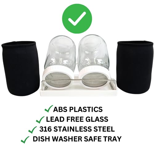 ON THE GROW - Complete Sprouting Kit - 2 Large 32oz Wide-Mouth Mason Jars, Premium Screen lids, Blackout Sleeves, Tray and Sprouter Stand - for Growing Broccoli, Mung Bean, Alfalfa Sprout from Seed