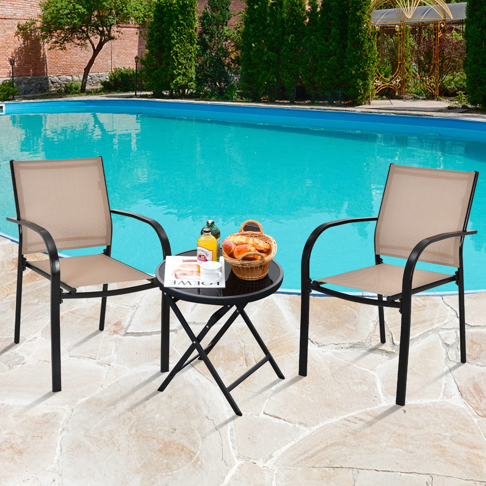 Tangkula Set of 4 Patio Dining Chairs, Outdoor Stackable Chairs with Armrests, Anti-Rust Steel Frame and Quick-Drying Fabric, Outdoor Bistro Chairs for Backyard, Lawn and Garden