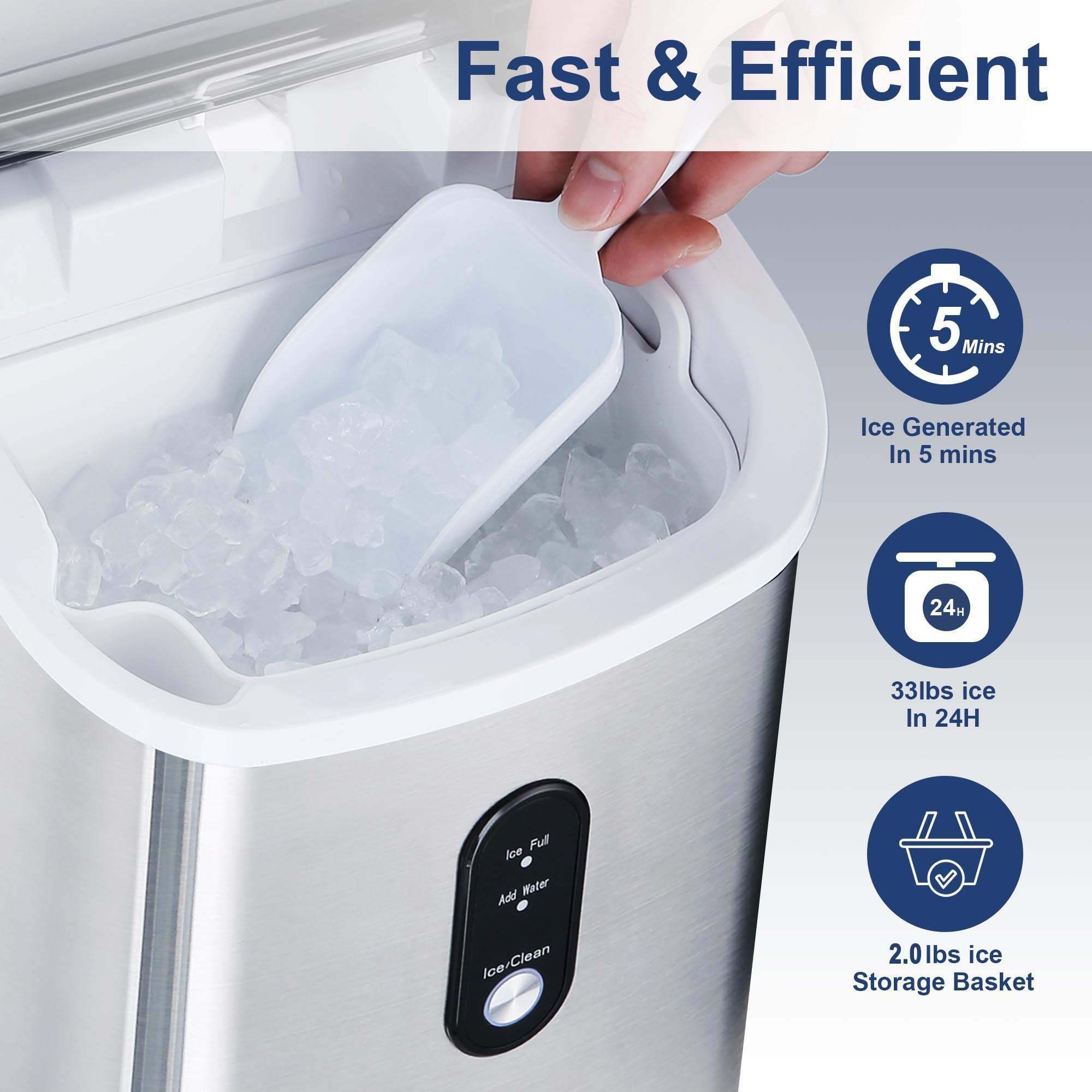 HUMHOLD Nugget Ice Maker Countertop, 33Lbs Chewable Pebble Ice Per Day, Auto Self Cleaning, Crunchy Pellet Ice Cubes Maker Machine, Portable Compact Design for RV/Home/Kitchen/Office