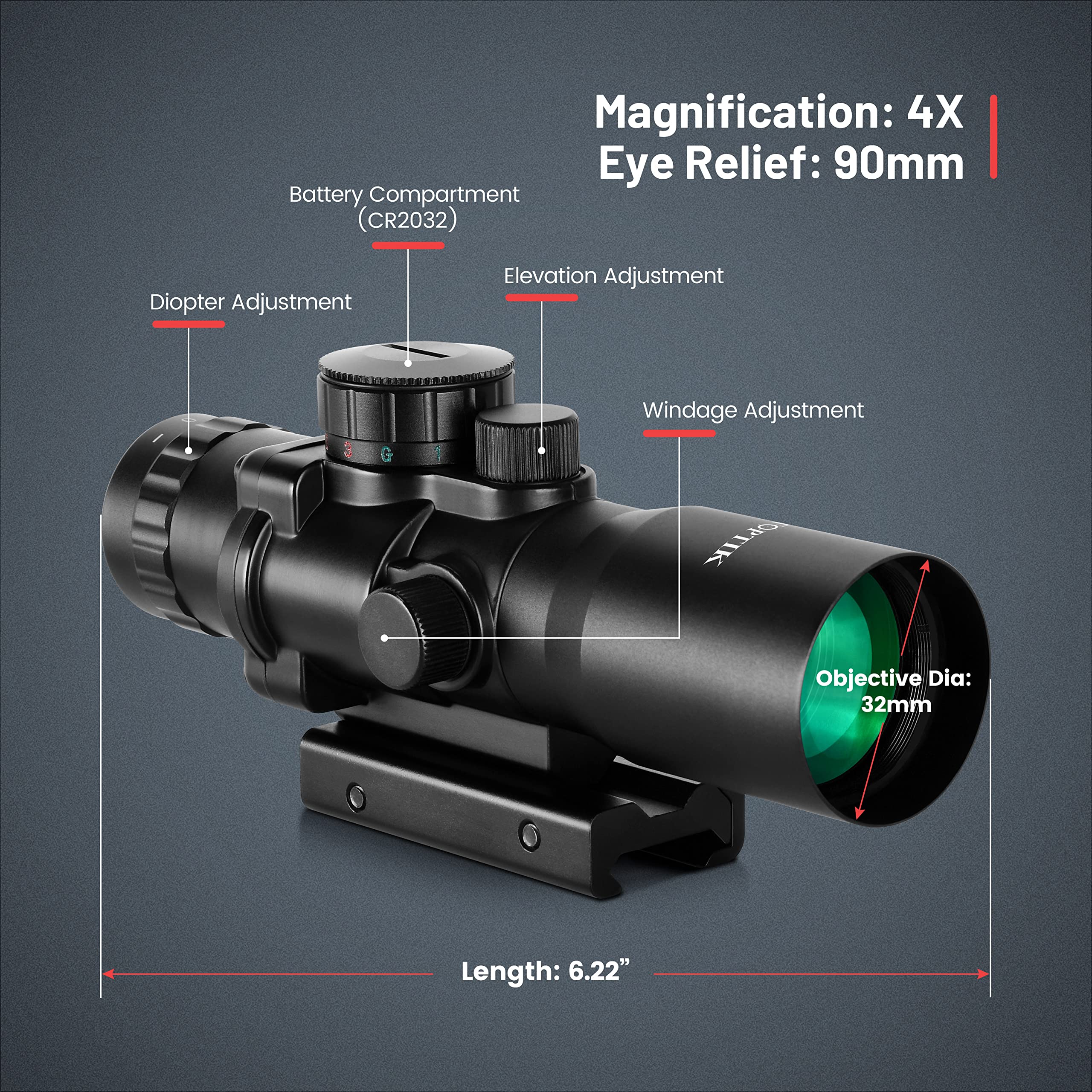 Hantoptik 4X32 Prism Scope Red & Green &Blue Illuminated Etched Reticle 4X Magnification Prism Sight Scope 20mm with Picatinny Rail Mount