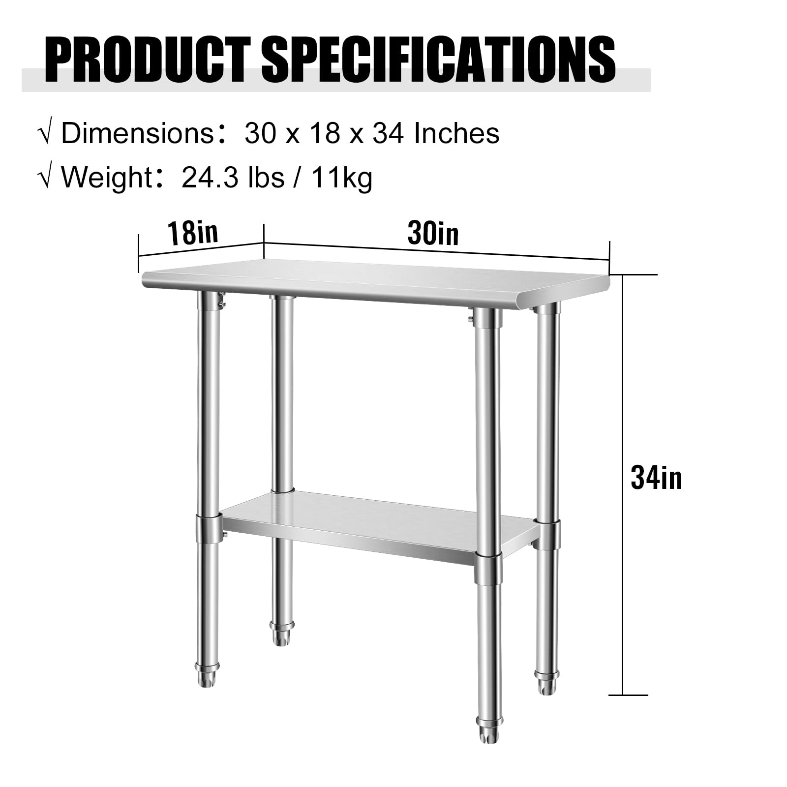 OUKIDR Heavy Duty Food Prep Stainless Steel Table Workbench with Adjustable Under Shelf, Commercial Worktable for Kitchen, Restaurant, Home and Hotel,36 X 18 Inch
