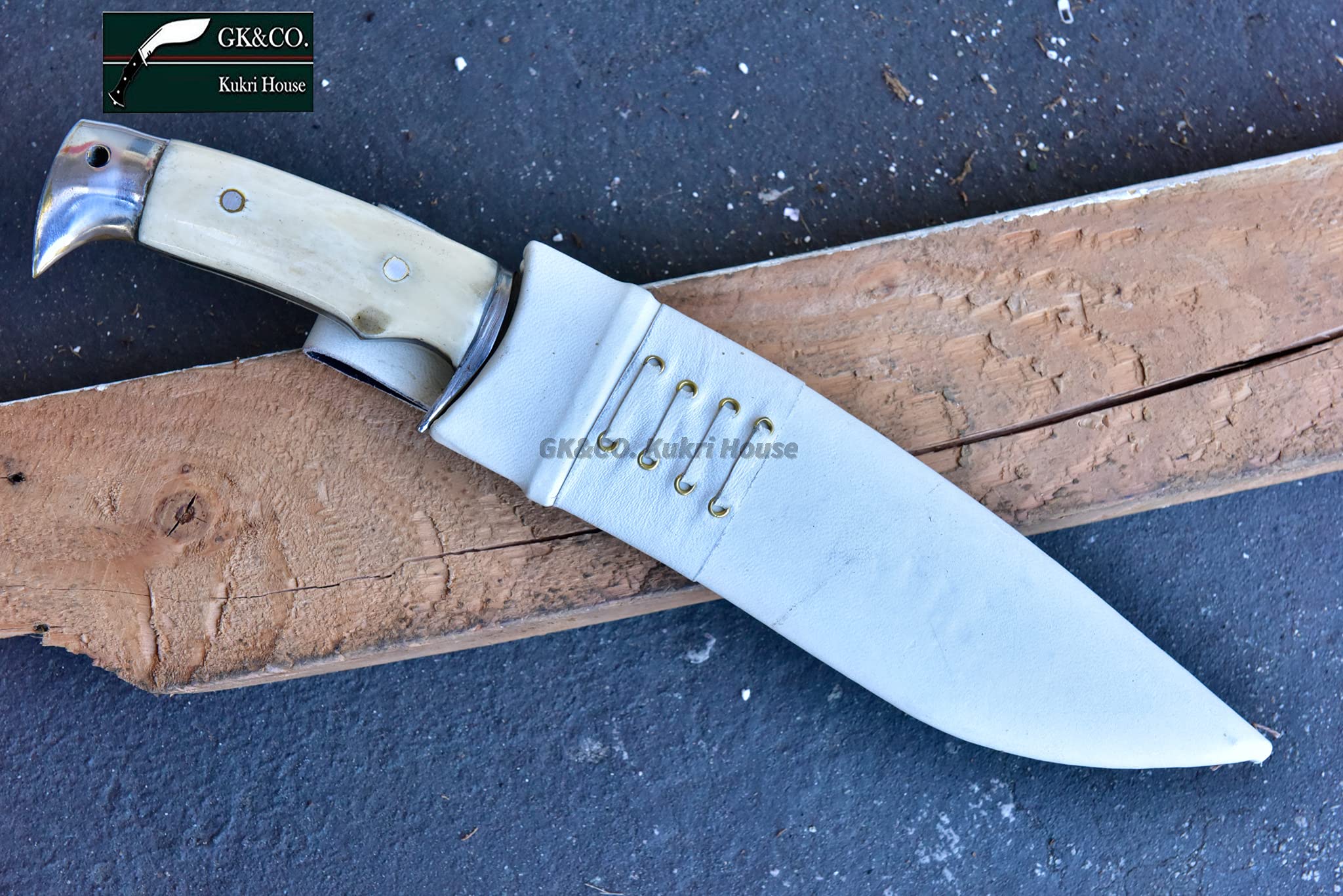 GK&CO. Kukri House Authentic Kukri/khukuri-9 Inch Bahadur Hunter Knife-Carbon Steel Made White Bone Full Tang Handle White Leather Sheath (14" Overall Length)- Handmade from Nepal