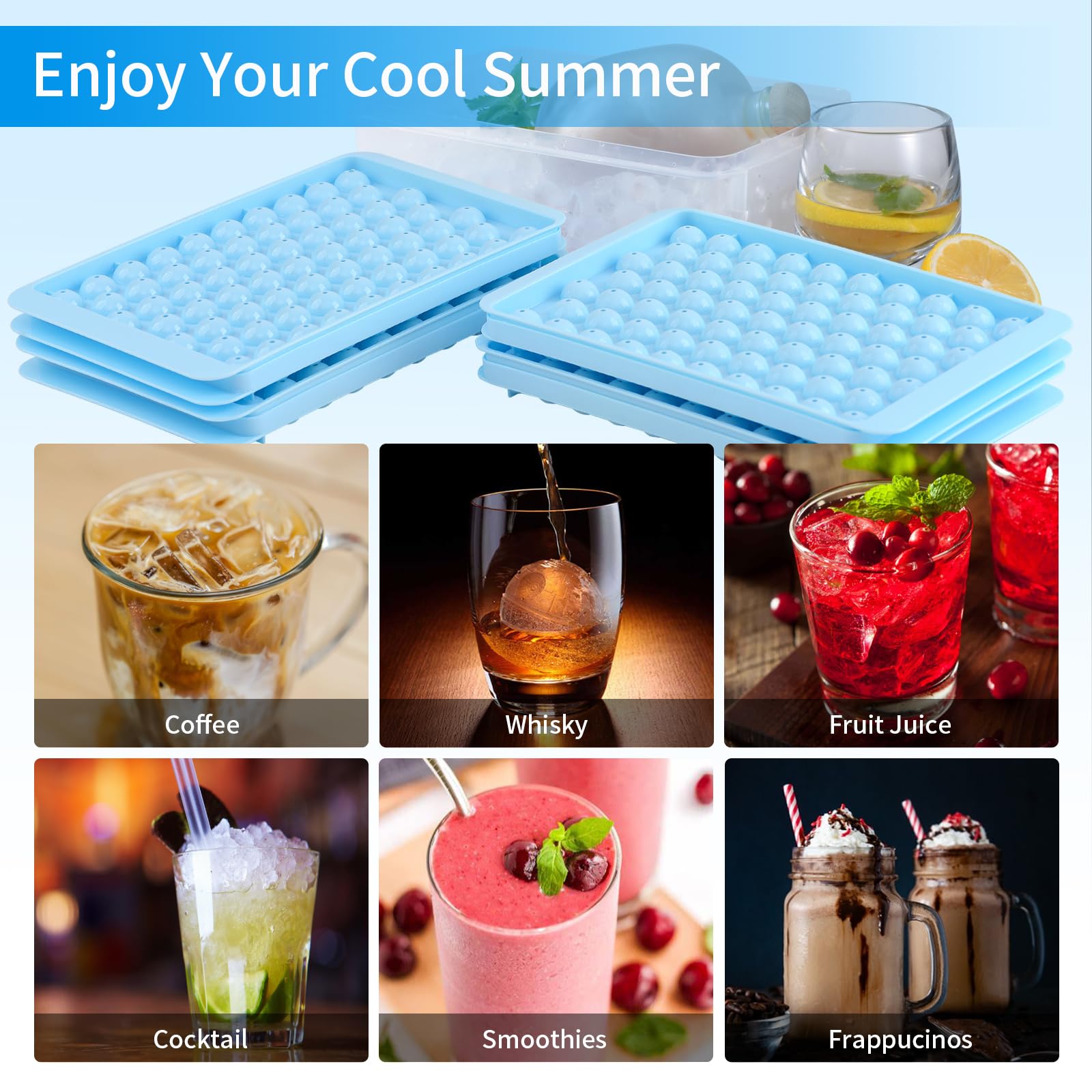 MiNi ice cube tray for freezer with Lid and Bin, 0.7inch Round ice trays 4 Packs 268PCS Tiny Ice Cube Tray Crushed ice tray for Chilling Drinks Coffee Juice (Blue)