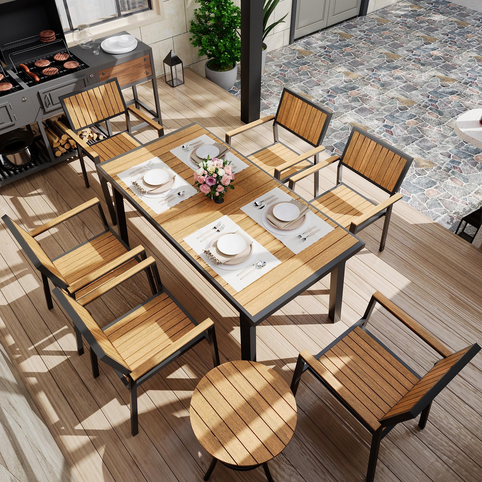 Pamapic 8-Piece Patio Dining Set,Outdoor Aluminum Furniture Set with Plastic-Wood Table Top,Outdoor Furniture Set with 6 Outdoor Stackable Chairs for Patio Garden Poolside (Teak)