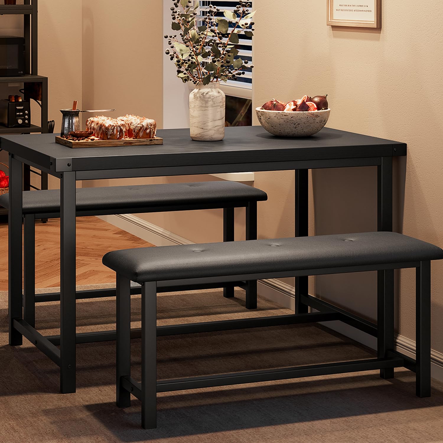Fancihabor Dining Table Set for 4, Kitchen Table with Benches, Rectangular Dining Room Table Set with Upholstered Benches, 3 Piece Kitchen Table Set for Small Space, Apartment, Rustic Grey