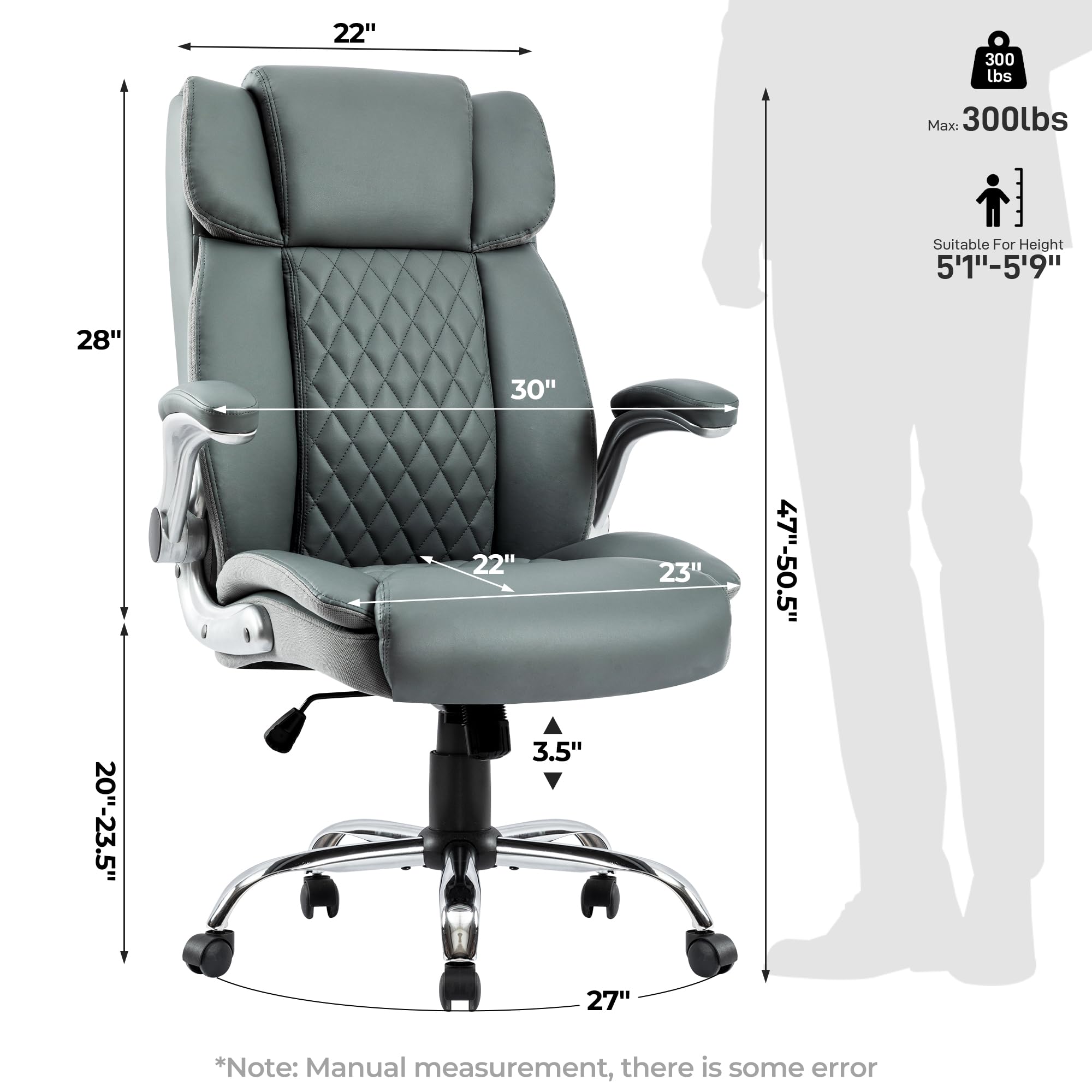 HOMYEDAMIC High Back Ergonomic Office Chair, Flip Arms Big & Tall Executive Swivel PU Bonded Leather Computer Chairs Adjustable Tilt Angle, Wide Thick Seat, Design for Back Pain (7011-Grey)