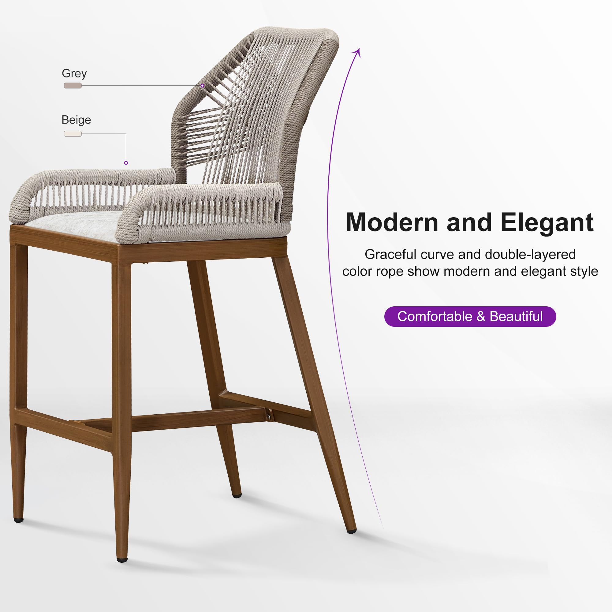PURPLE LEAF 2 Pieces Counter Height Bar Stools Patio Boho Rattan Barstools Aluminum Woven Bar Chairs with Cushions for Outdoor Kitchen Island Garden
