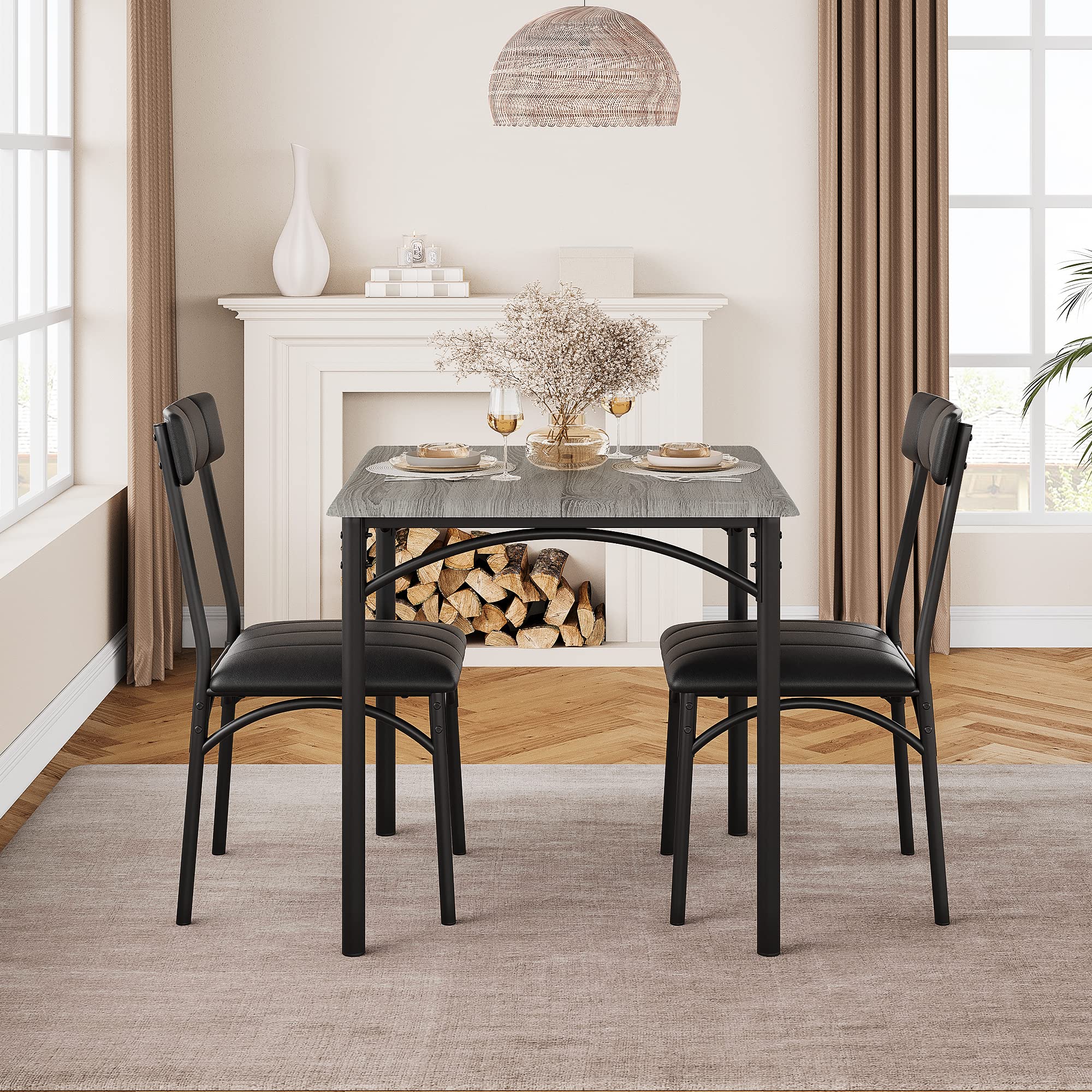 Fancihabor Dining Table Set for 2, Kitchen Table and Chairs, Square Dining Room Table Set with 2 Upholstered Chairs, 3 Piece Kitchen Table Set for Small Space, Apartment, Retro Gray