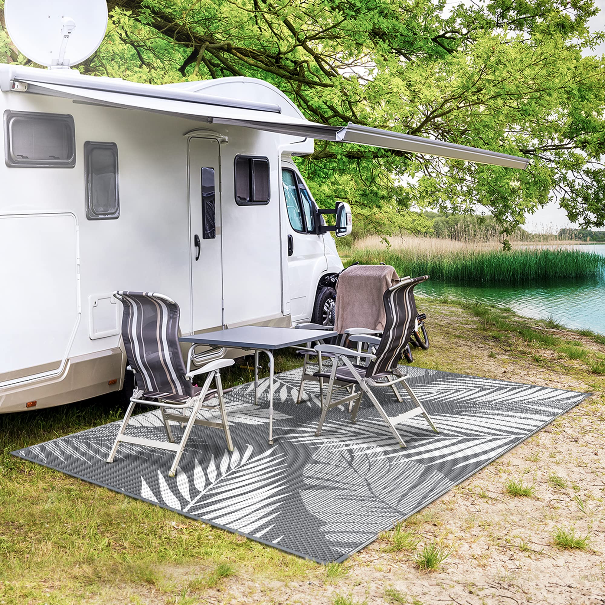 GENIMO Outdoor Rug 5' x 8' Waterproof for Patios Clearance, Reversible Plastic Straw Camping Carpet, Large Area Rugs Mats for RV, Picnic, Backyard, Deck, Balcony, Porch, Beach, Grey&White