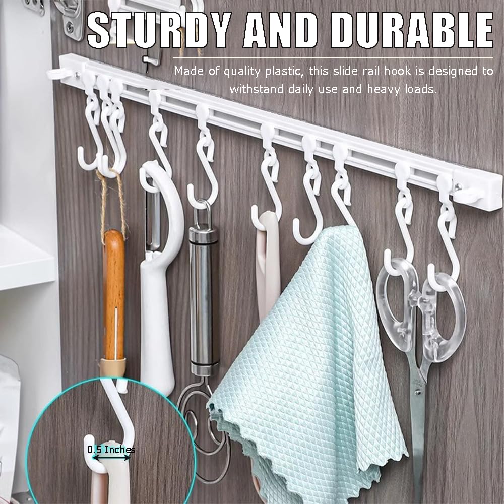 OULIGET Utility Slide Rail Hook,Under Cabinet Kitchen No Punching Hooks for Hanging Utensil,Bathroom Bedroom Office Wall Door Rack with 10 Hooks,15.7 and 11.8 Inches,2Pieces