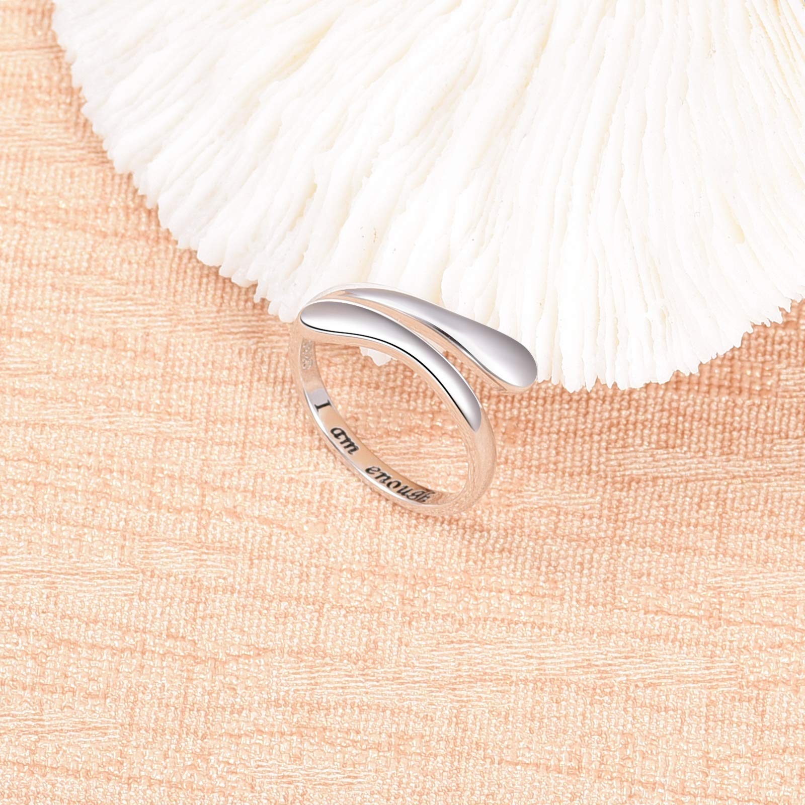 Fookduoduo 925 Sterling Silver Ring Inspirational Jewelry adjustable Wrap Open Rings for Women (I am enough)