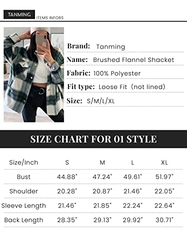Tanming Womens Brushed Flannel Plaid Lapel Button Short Pocketed Shacket Shirts Coats(01 Green-M)